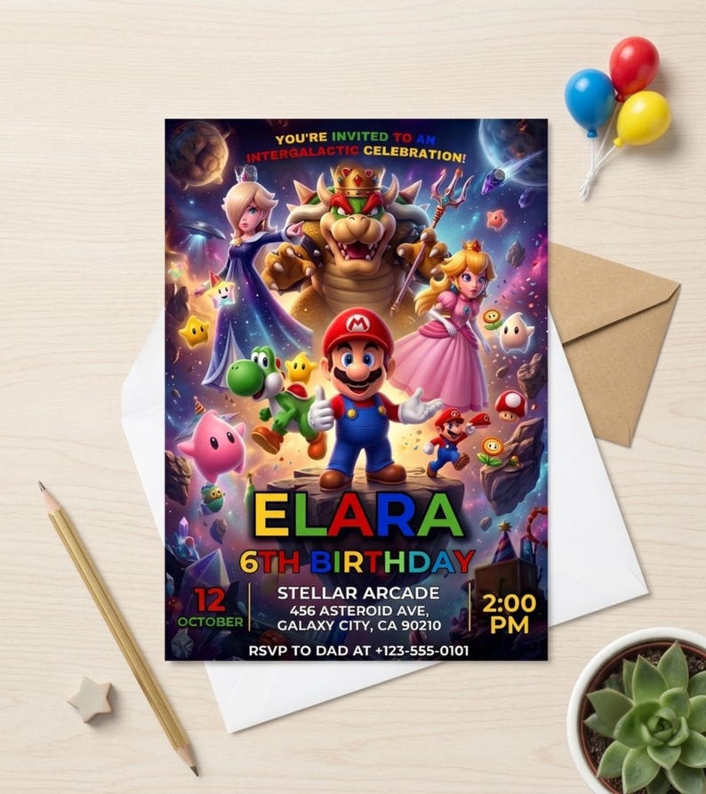 Super Mario Galaxy Birthday Invitation, Outer Space Party Invite for ...