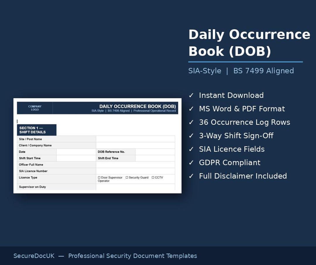 Daily Occurrence Book (DOB) | Sia-style Security Guard Log (word & PDF ...