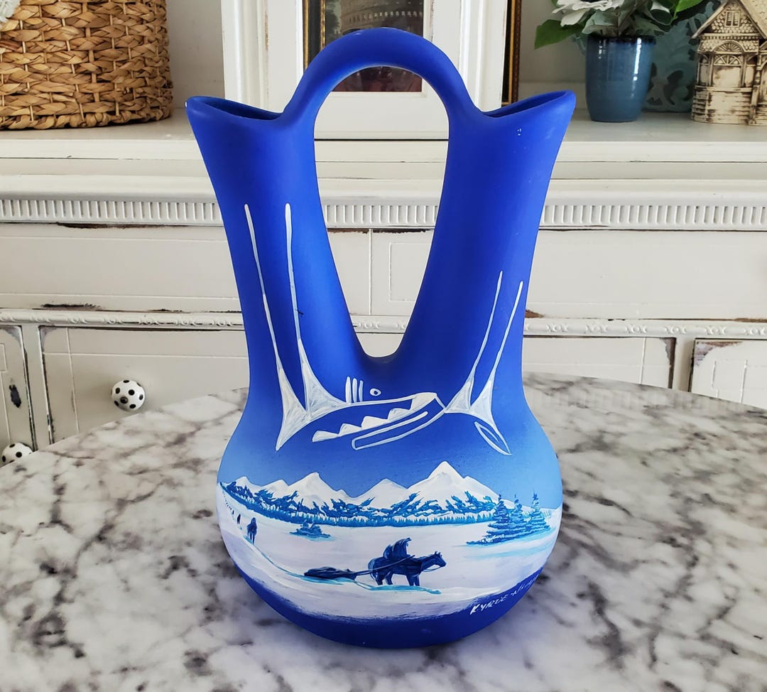Large Navajo Wedding Vase - Blue Clay Pottery - Hand Painted Vase ...