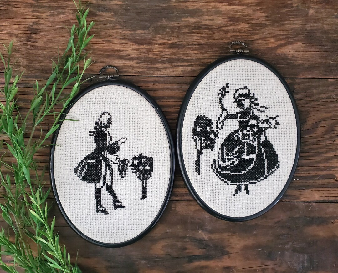 Pair of Petite Point Embroidery Framed Colonial Figures Black and White ...