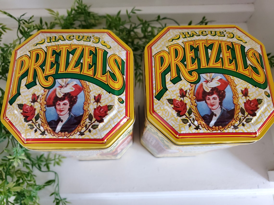 Pair of Vintage Hague's Pretzel Tin Boxes - Canisters - Octagon Tins ...