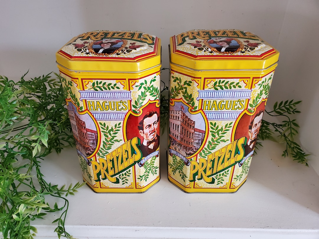 Pair of Vintage Hague's Pretzel Tin Boxes - Canisters - Octagon Tins ...