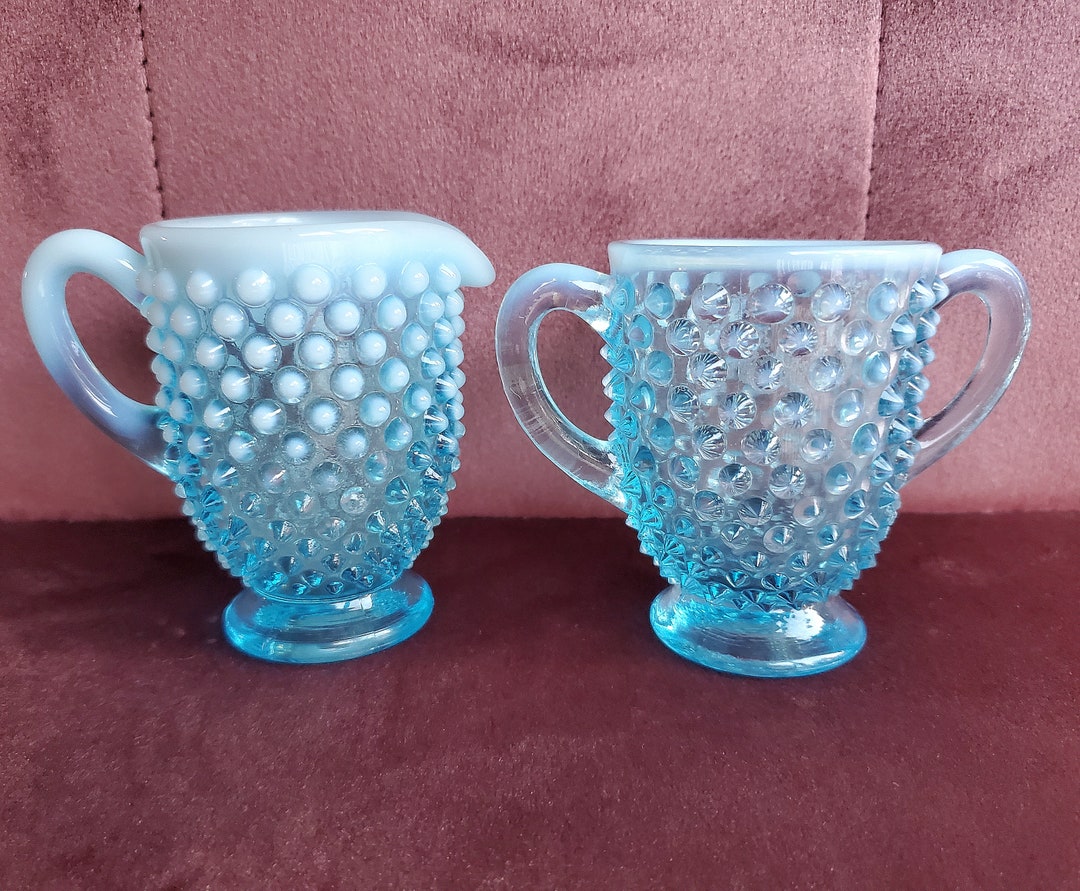 Vintage Fenton Blue Opalescent Mini Creamer & Sugar Set - Hobnail ...