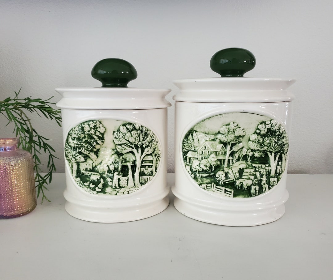Vintage Ceramic Raised Relief Canisters - Cookie Jar Set - Forest Green ...
