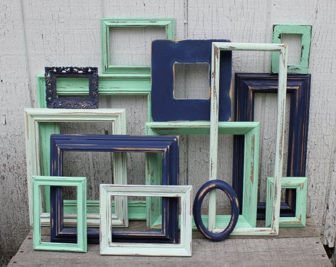 Set of 14 Upcycled Frames in Navy Blue, Mint Green, and Light Mint ...