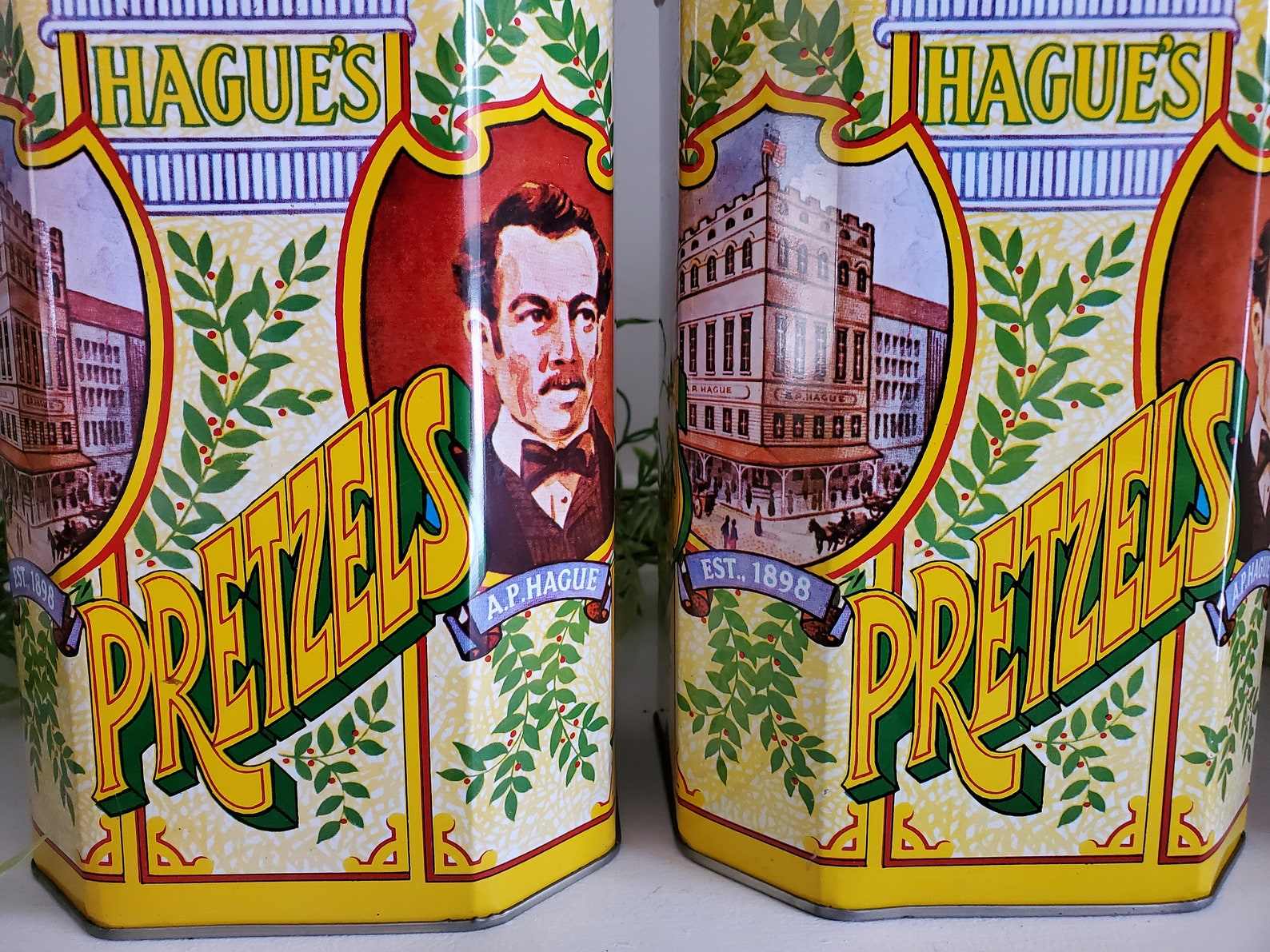 Pair of Vintage Hague's Pretzel Tin Boxes - Canisters - Octagon Tins ...