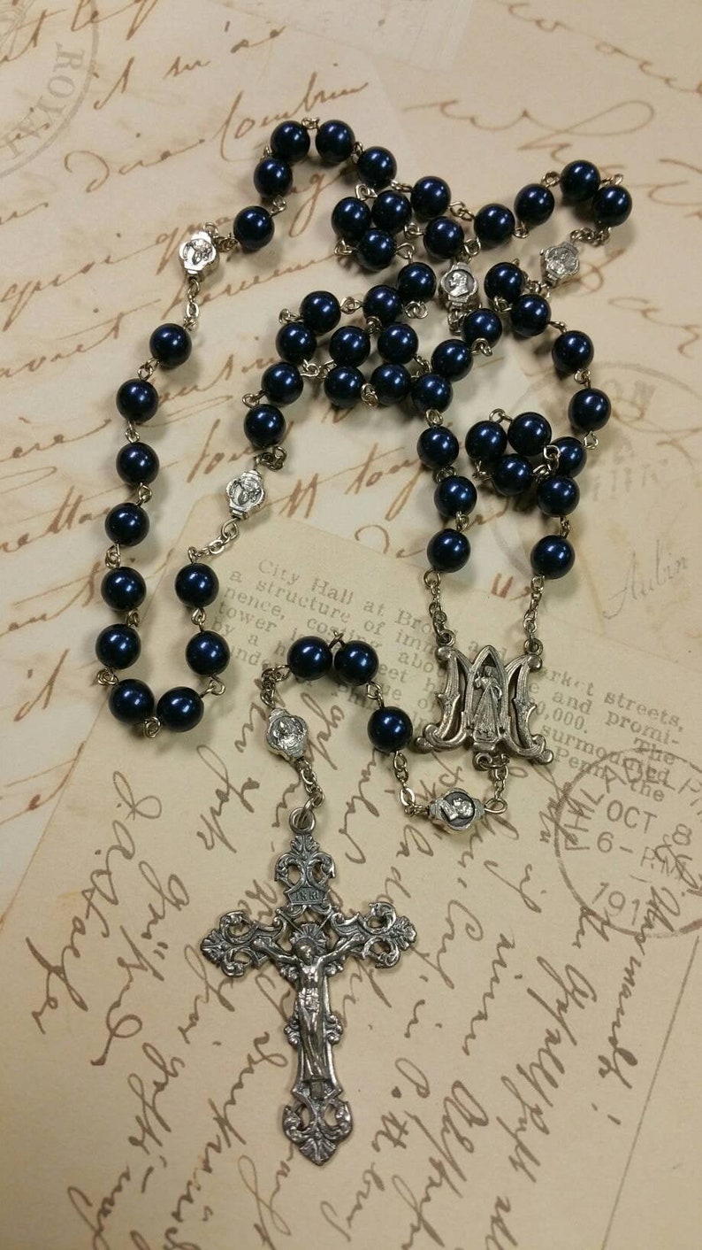 St. Pope John Paul II Catholic Rosary With Navy Blue Glass Pearls ...