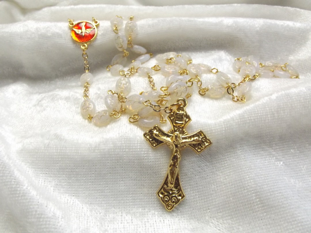 Confirmation Rosary With Translucent White Beads With Gold Doves Gold ...