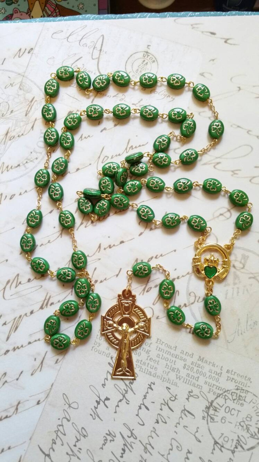 Catholic Irish Rosary With Opaque Green and Gold Shamrock Beads ...