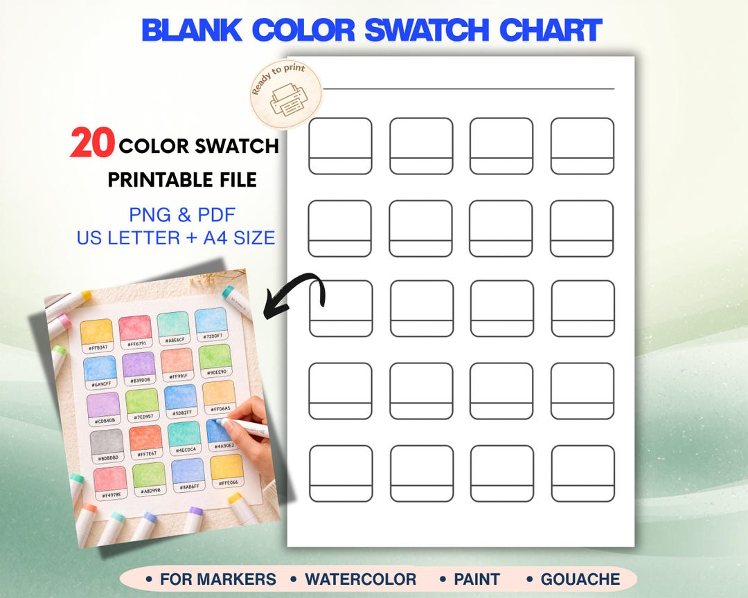 Color Swatch Chart Printable | 20 Colors Marker Watercolor Template ...