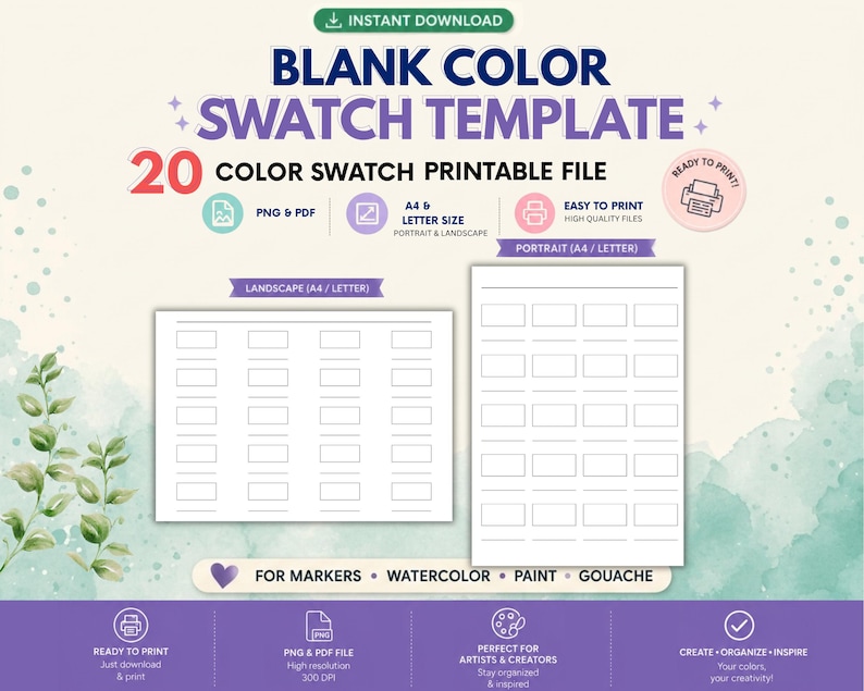 Color Swatch Sheets Printable | 20 Blank Color Swatches Chart ...