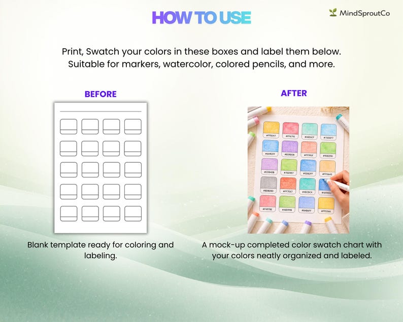 Color Swatch Chart Printable | 20 Colors Marker Watercolor Template ...