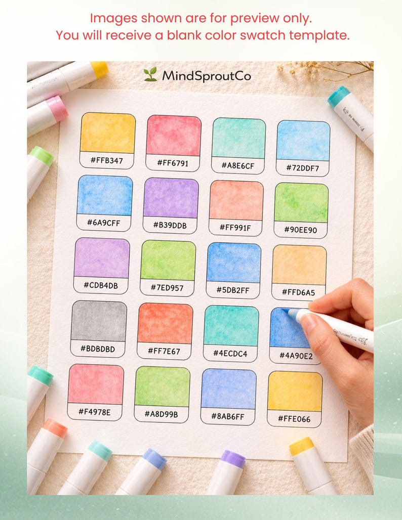 20 Color Swatch Chart Printable | Marker Watercolor Template Page ...