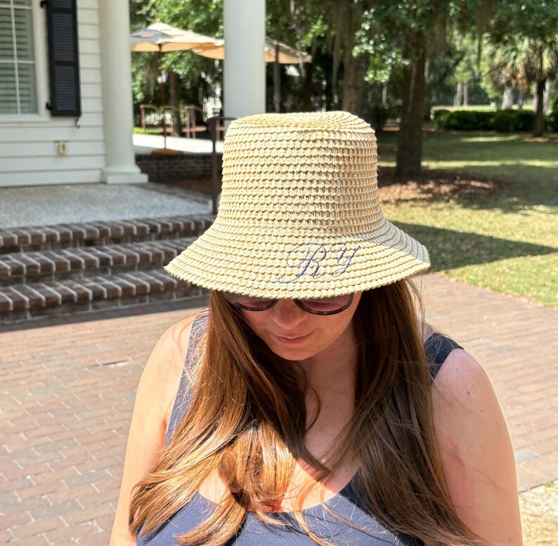 Personalized Straw Bucket Hat | Embroidered Monogram Beach Sun Hat ...