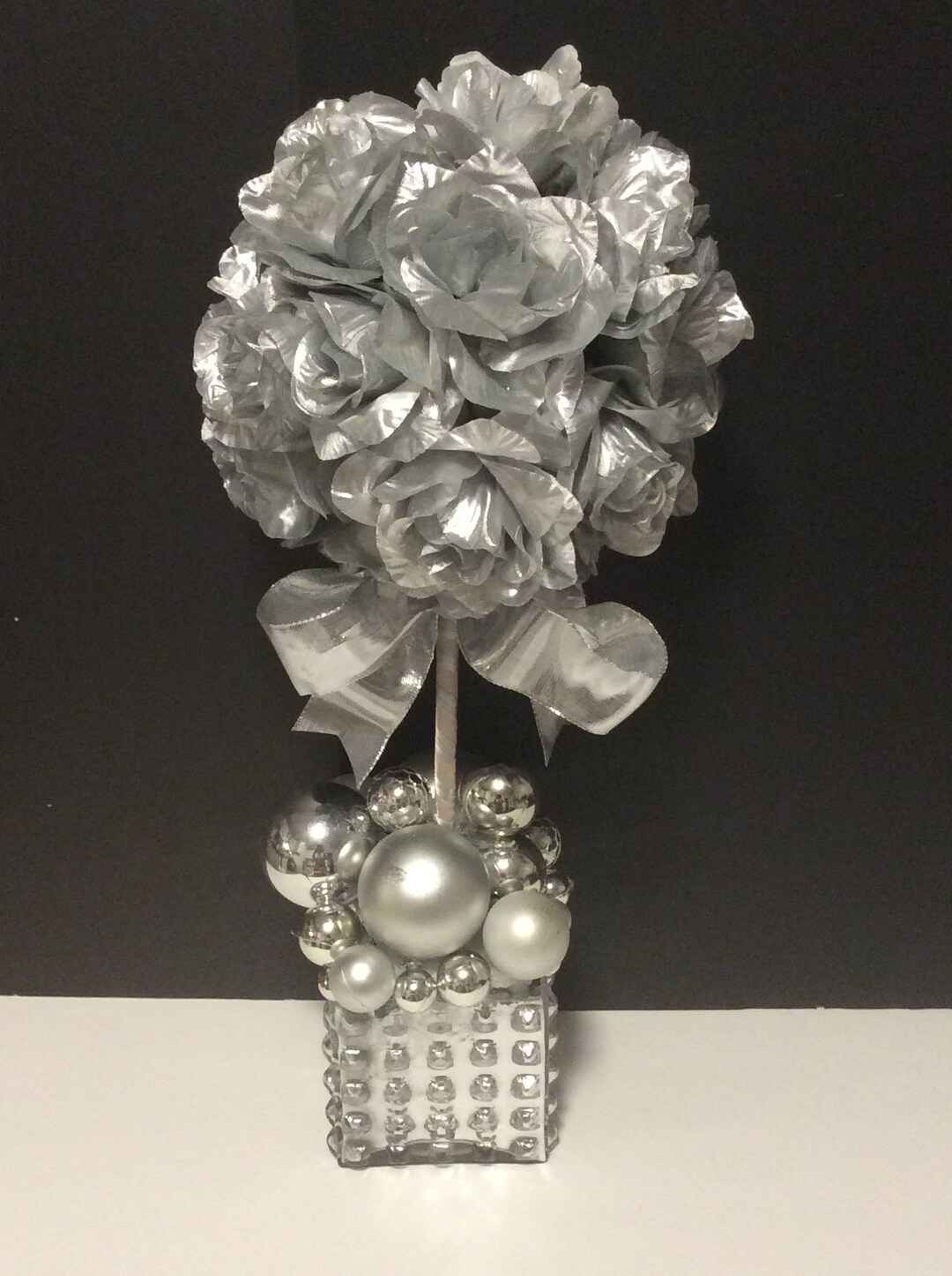 Silver Flower Ball, Kissing Ball, Silver Topiary Centerpiece, Wedding ...