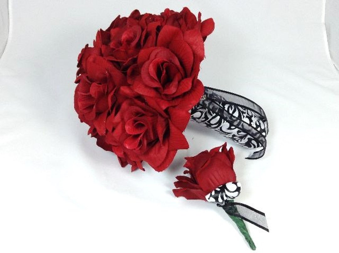 Silk Flower Red Rose Bouquet Handmade Bouquet Red Wedding - Etsy