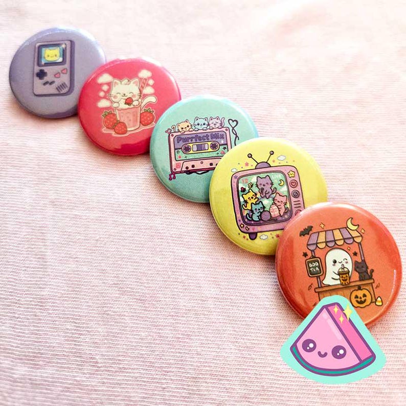 Kawaii Button Pin Set, Cute Pastel Chibi Cat, Ghost & Retro Anime Pins ...