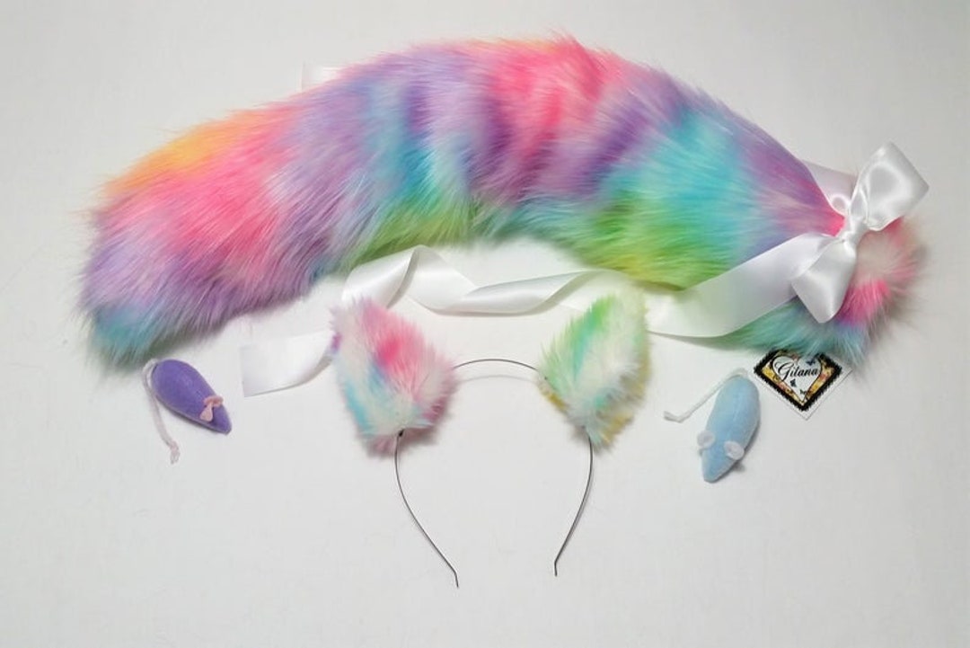 Rainbow Cat Ears And Tailcat Headbandcat Tailfox Etsy