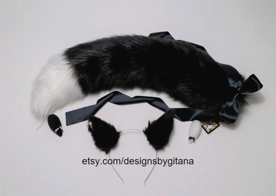 Black and White Cat Ears and Tailcat Headbandcat Tailfox - Etsy