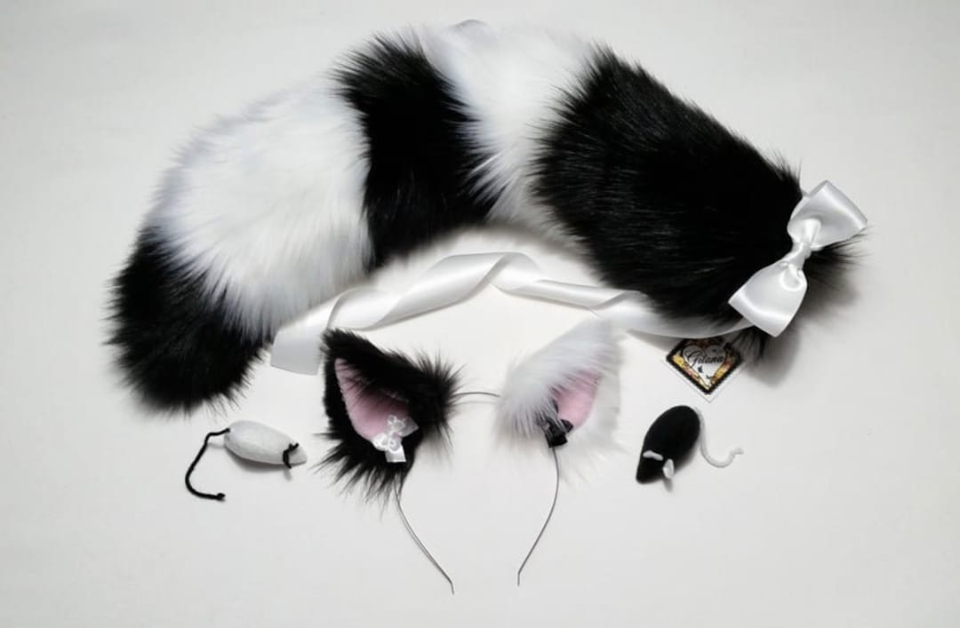 Black and White Cat Ears and Tail-cat Ears Headband-cat Tail White Cat ...
