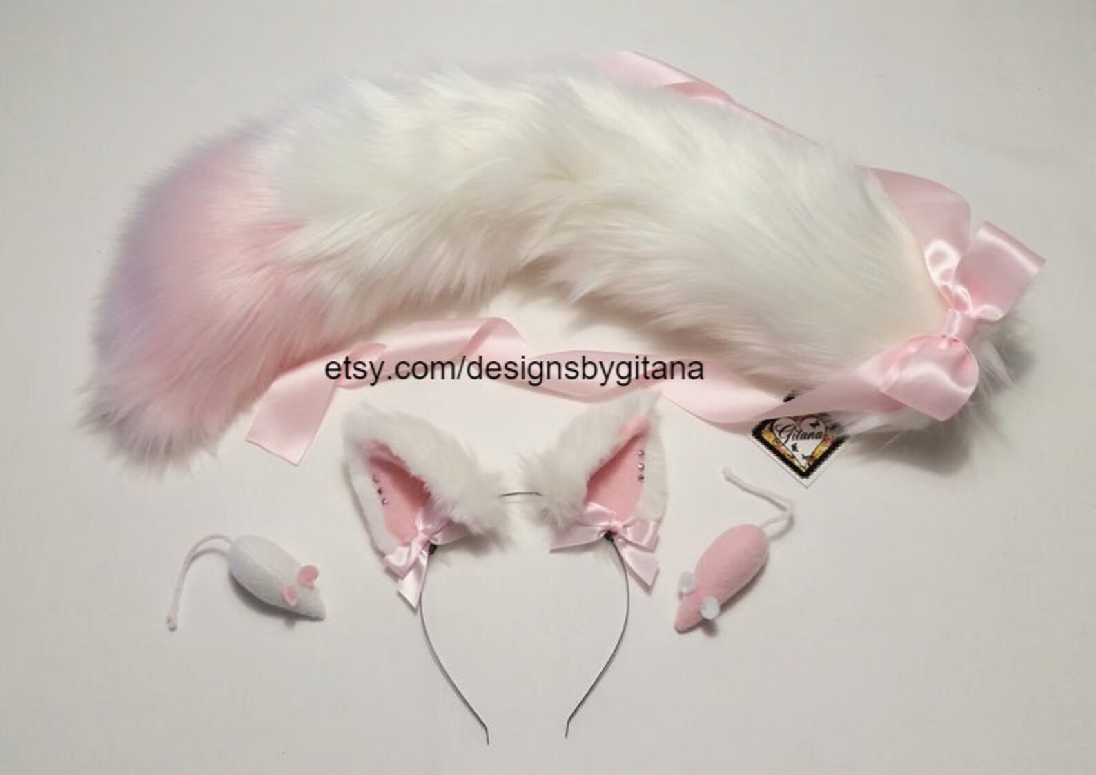 Pink and White Cat Ears and Tail-cat Ears Headband-cat - Etsy
