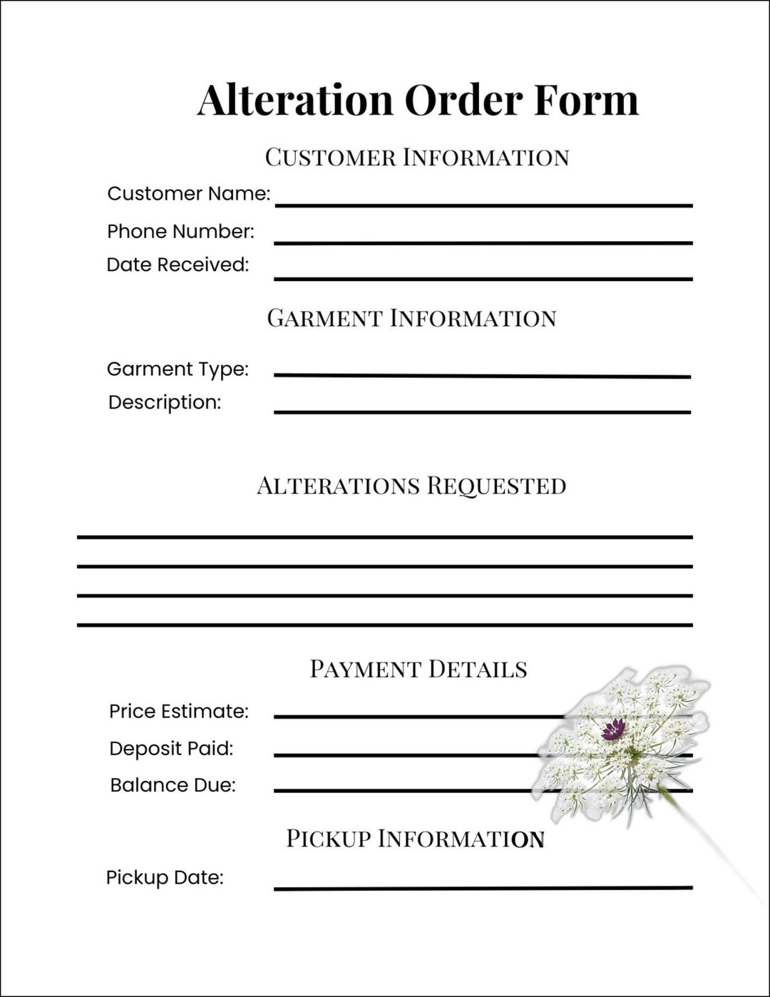 Queen Anne Lace Alteration Order Form ,printable, Sewing Order Form ...