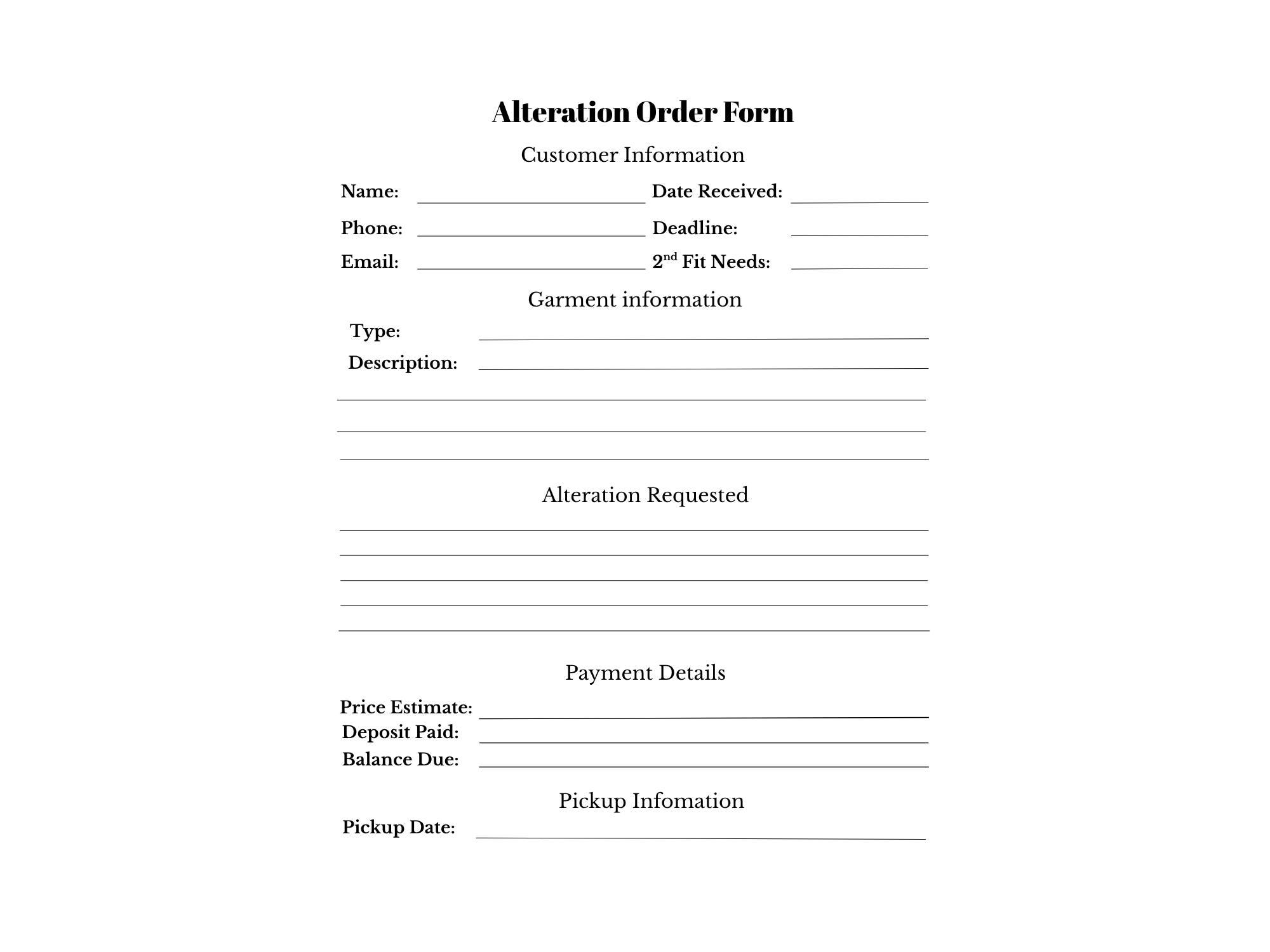 Alteration Order Form Printable, Tailor Client Intake Form, Alteration ...