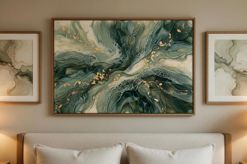 Sage Green Abstract Resin Canvas, Soft Minimalist Living Room Styling ...