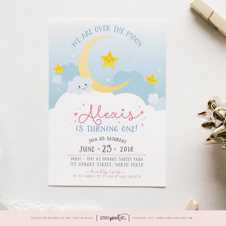 BY355 DIGITAL Birthday Party Invitation | Over the Moon - Cute Moon ...