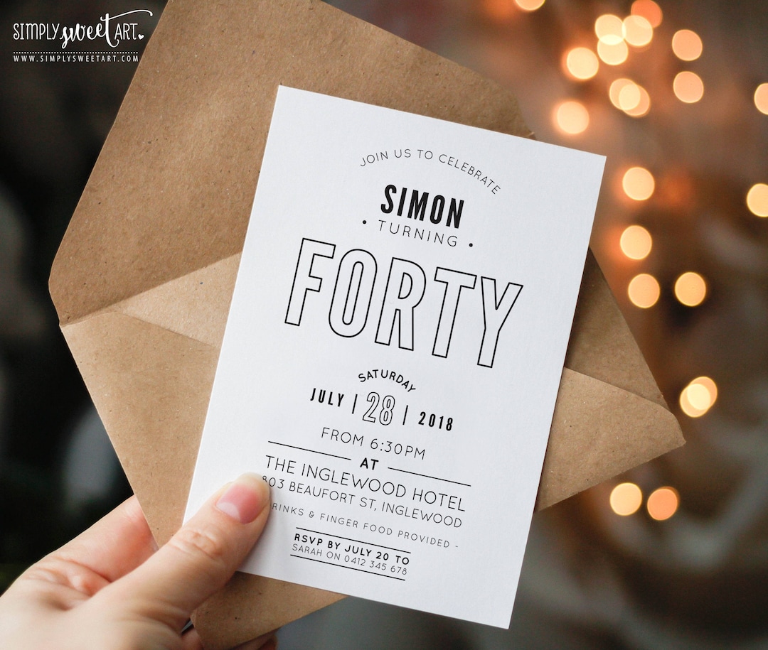 BY349 DIGITAL FORTY Birthday Party Invitation - Modern Minimal Simple ...