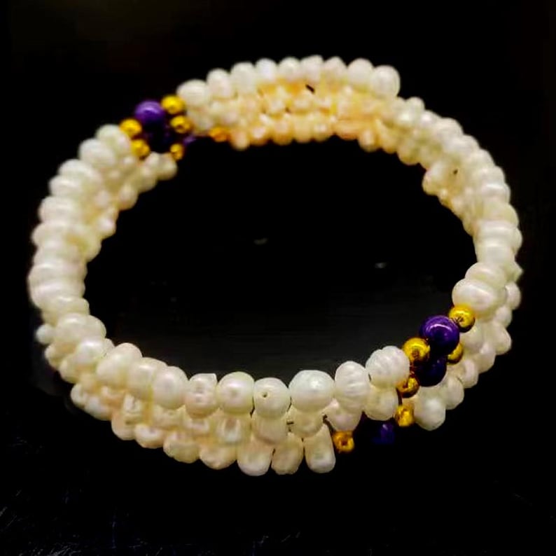 18 Inches Natural White Pearl and Blue Jade Memory Wire Bracelet - Etsy UK