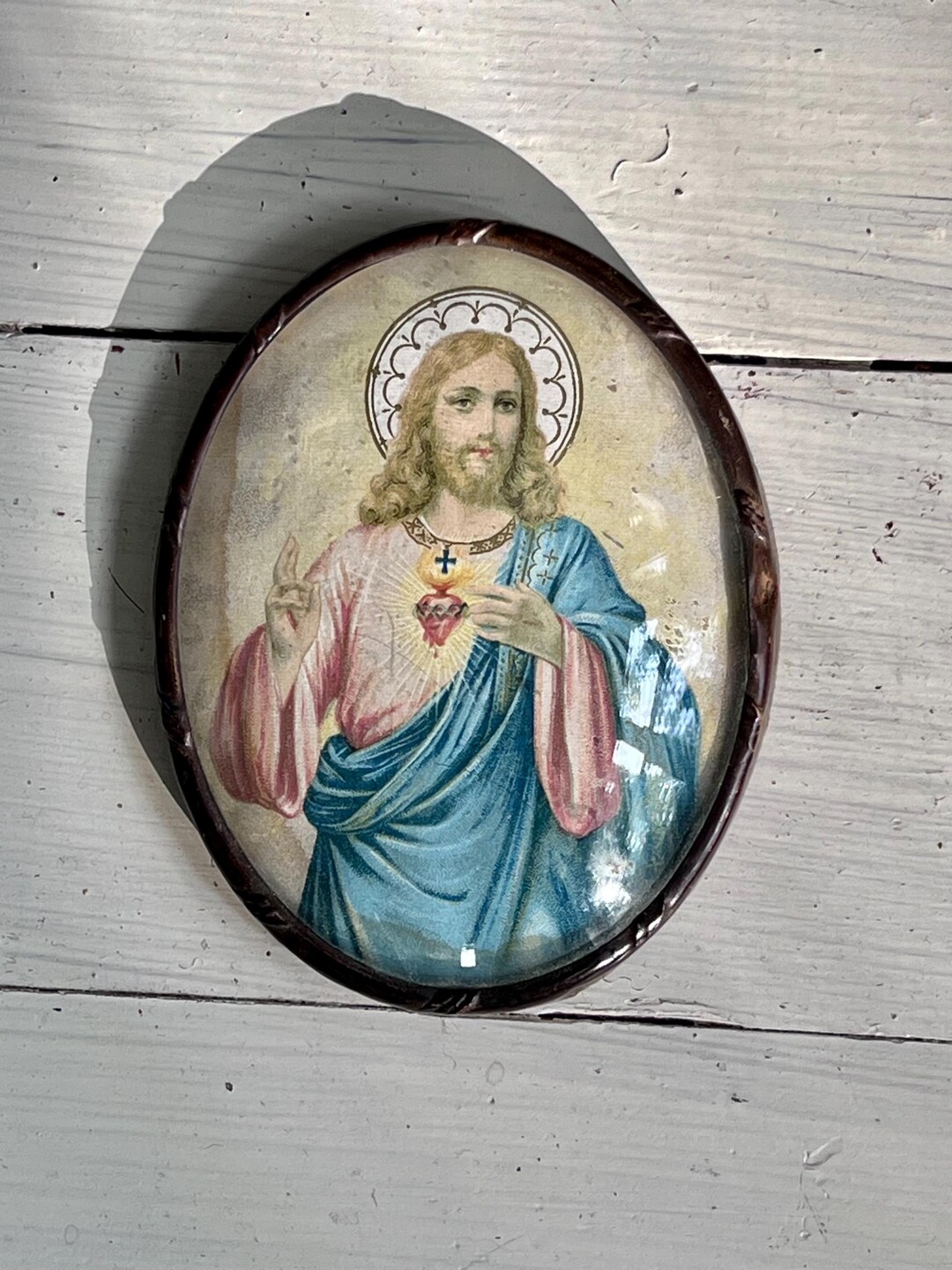 1920’s Bleeding Sacred Heart of Jesus Lithograph Convex Glass - Etsy
