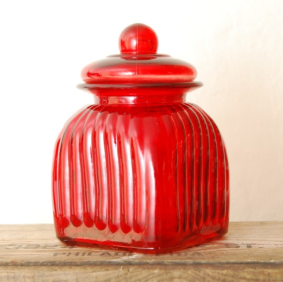 Items similar to Beautiful Red Glass Square Canister on Etsy