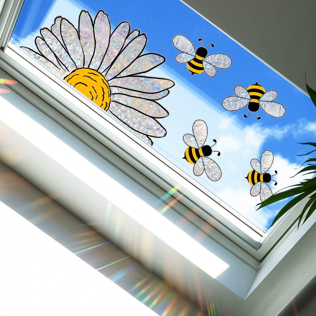 Sunflower and Bee Window Stickers, Colorful Static Cling Film, Glass ...