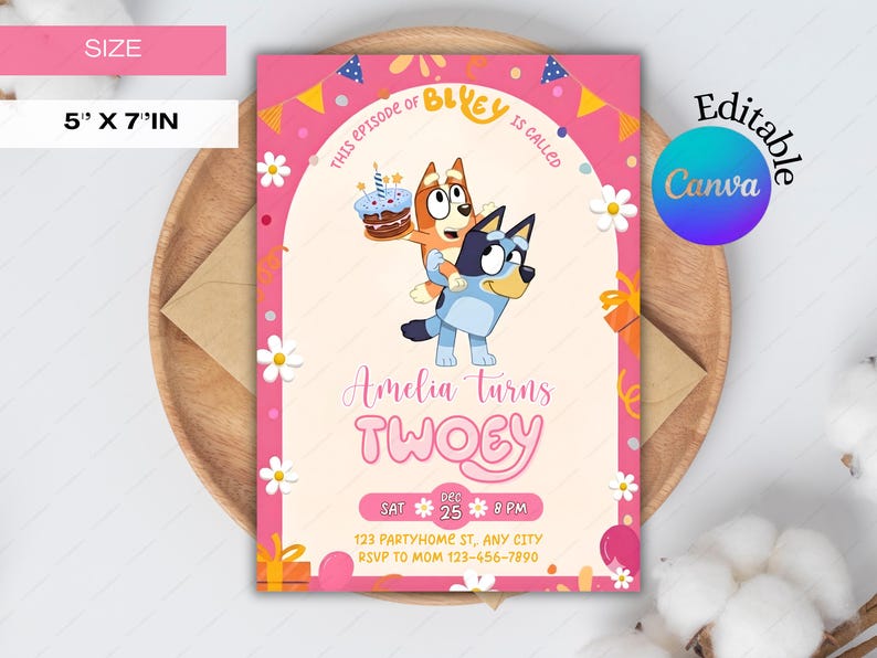 Bluey Twoey Birthday Invitation, Bing Birthday Invitation, Editable ...