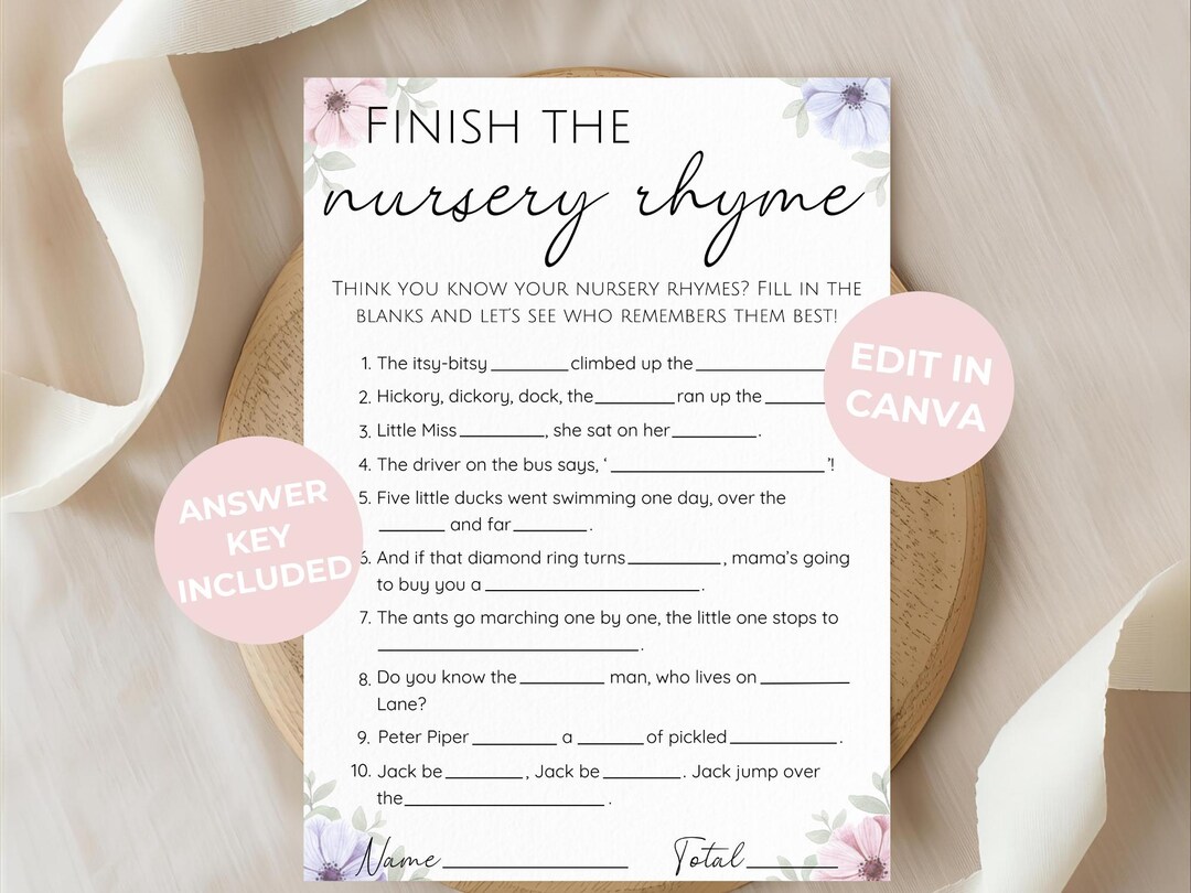 Baby in Bloom Finish the Nursery Rhyme – Baby Shower Game Printable ...