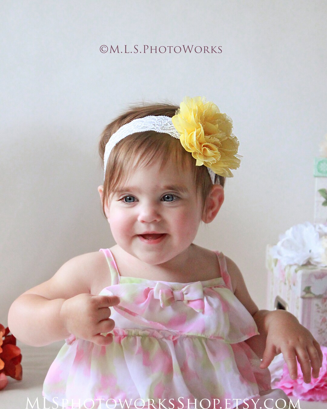 Lacey Lemon Baby Girl Headband - Light Yellow Lace Flower Hair Bow for ...