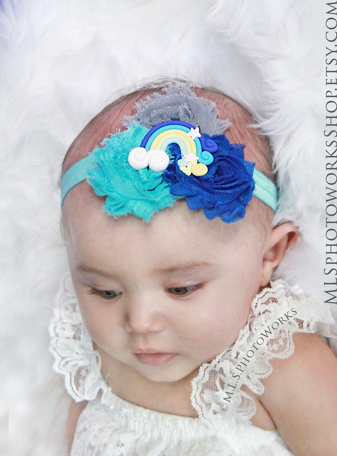 Stormy Rainbow Headband - Blue Rainbow Baby Girl Soft Shabby Hair Bow ...