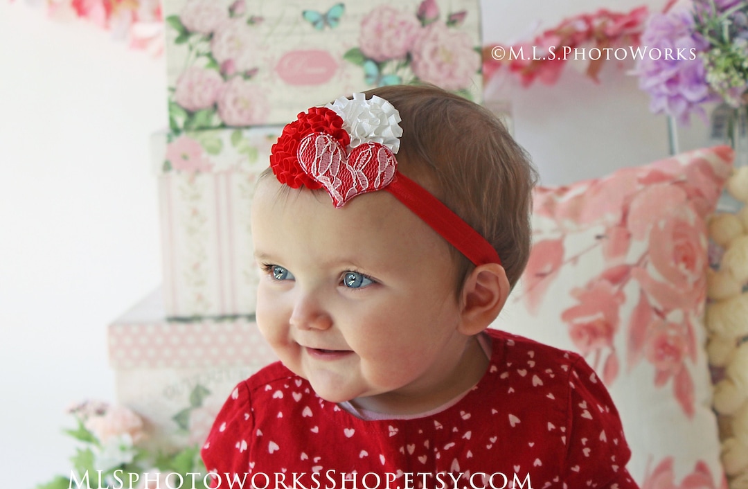 Valentine's Day Red & White Girl's Headband With Flowers and Lacy Heart ...