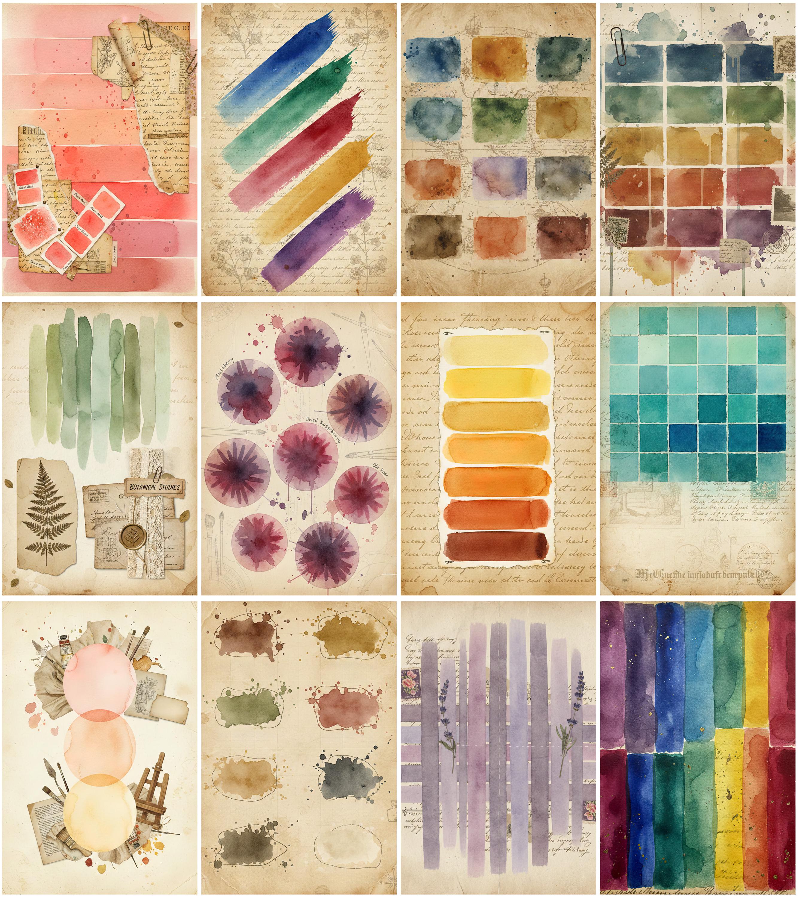 Vintage Swatchbook Junk Journal Pages – 100 Watercolor Color Palette ...