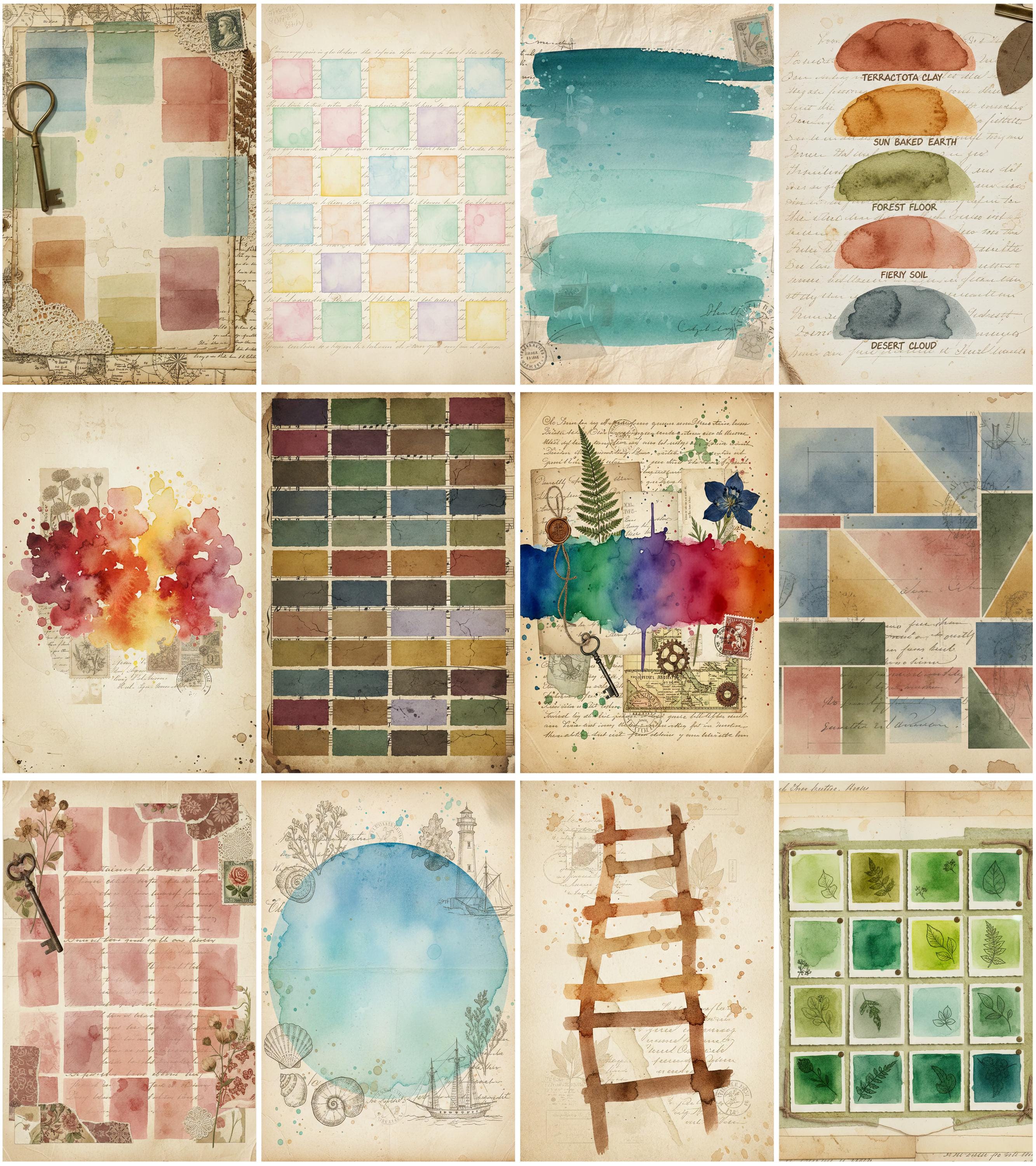 Vintage Swatchbook Junk Journal Pages – 100 Watercolor Color Palette ...