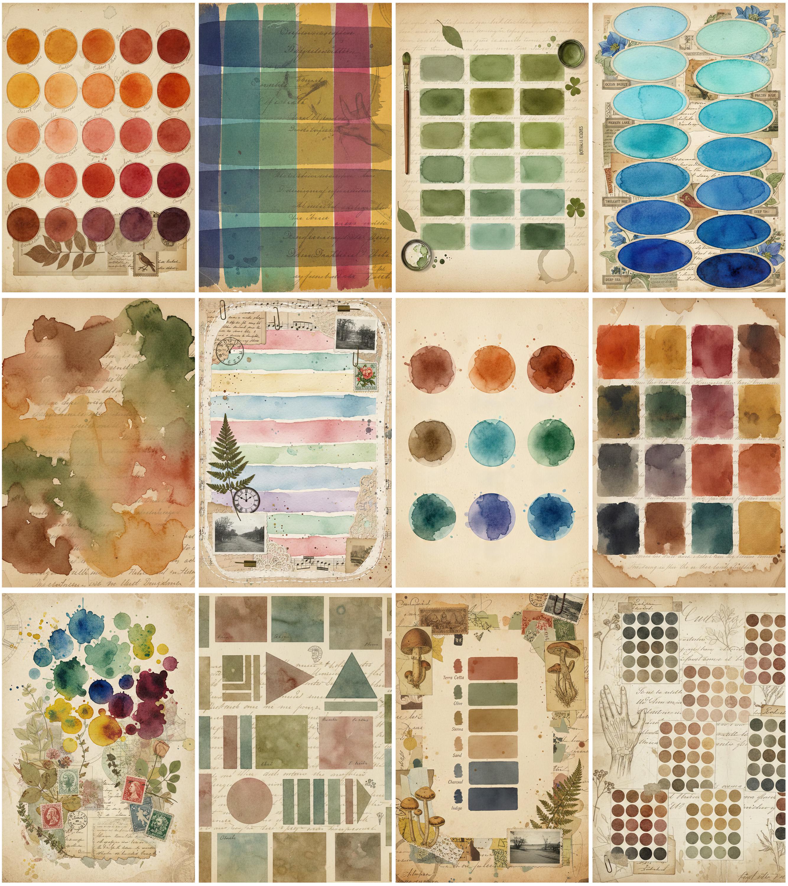 Vintage Swatchbook Junk Journal Pages – 100 Watercolor Color Palette ...