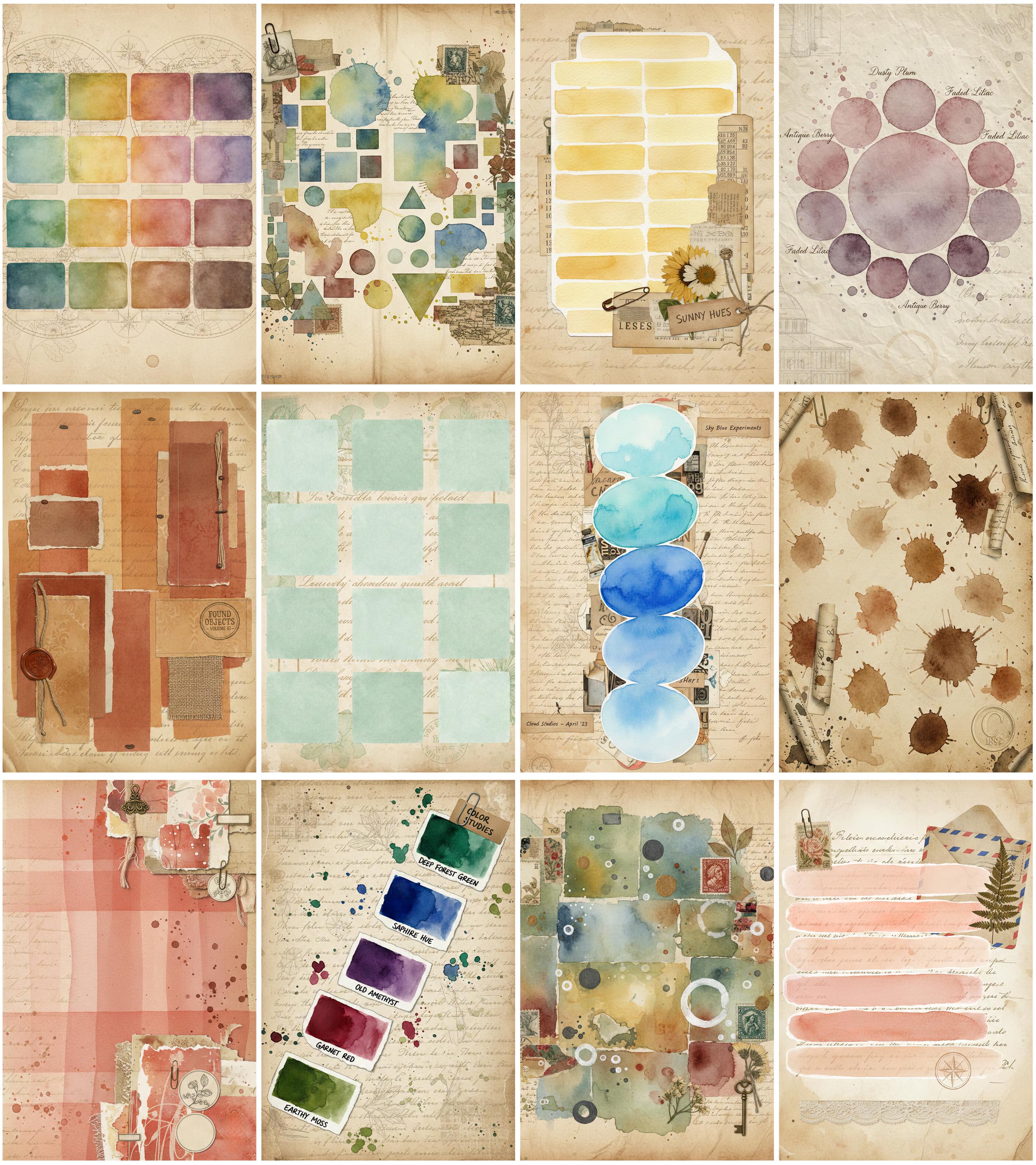 Vintage Swatchbook Junk Journal Pages – 100 Watercolor Color Palette ...