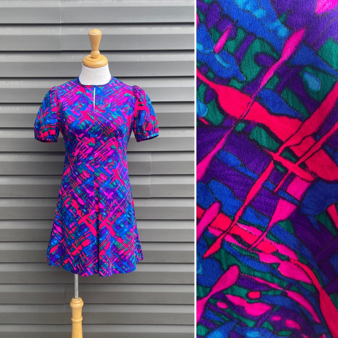 Vintage 60s Mini Dress Bright Puff Sleeve Tie Back Babydoll - Etsy