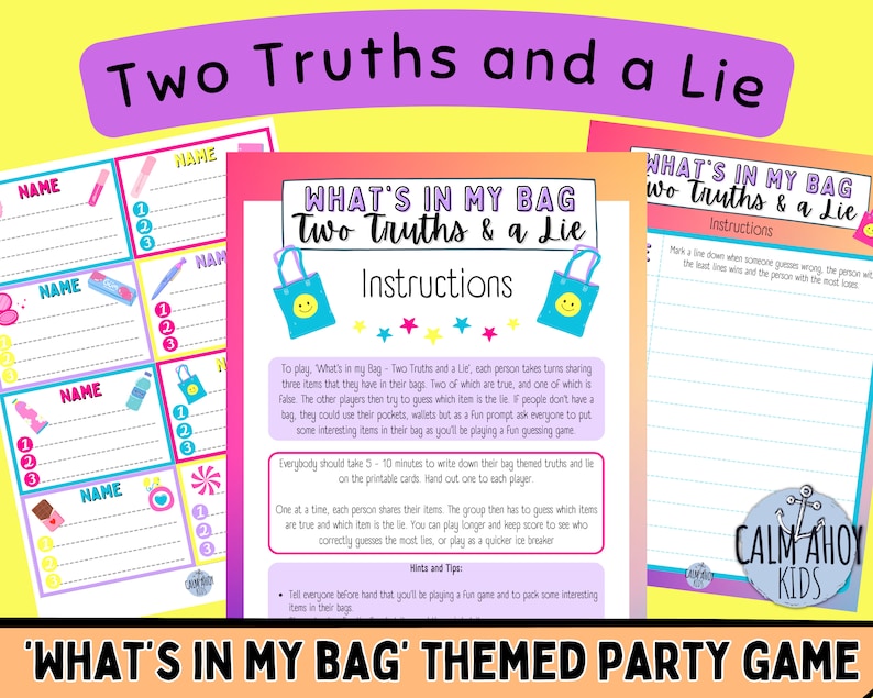 Two Truths and a Lie 'what's in My Bag' Teen Party Game (printable) - Etsy