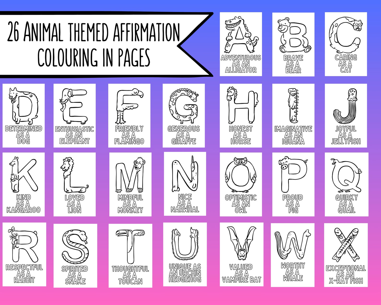 Alphabet Animal Affirmations Printable Colouring Book and Poster for ...