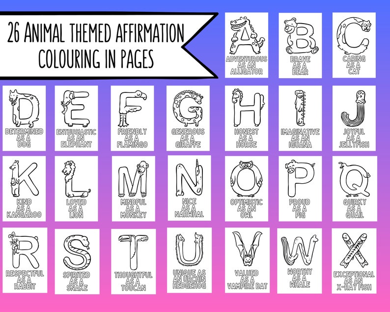 Alphabet Animal Affirmations Printable Colouring Book and Poster for ...