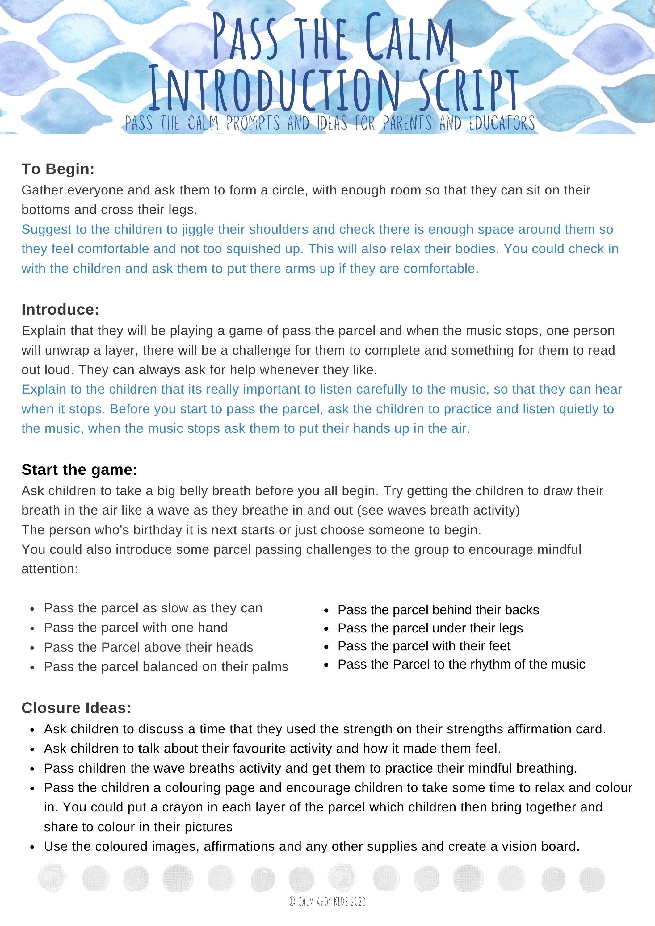 Pass the Calm Strengths Based / Mindfulness Pass the Parcel Relaxation ...