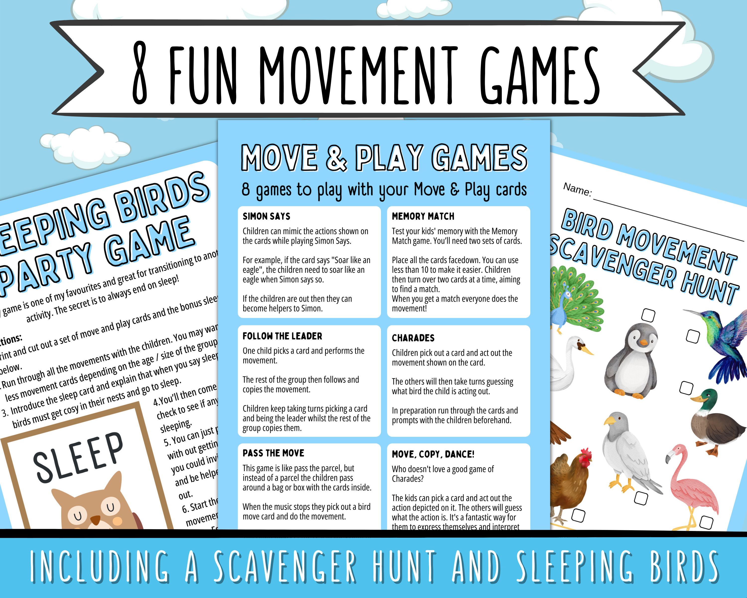 Bird Themed Move and Play Games and Cards | Kids Party Printable ...