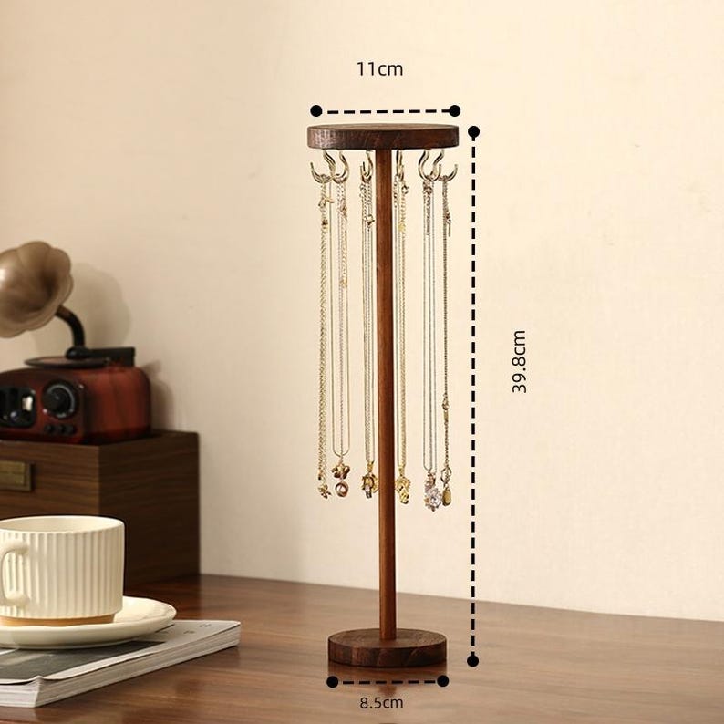 Walnut Wood Necklace Organizer Stand Vertical Jewelry Holder Display ...